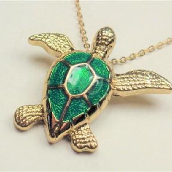 Jewelry | Nautical Gold Tone Green Stone Sea Turtle Necklace | Poshmark